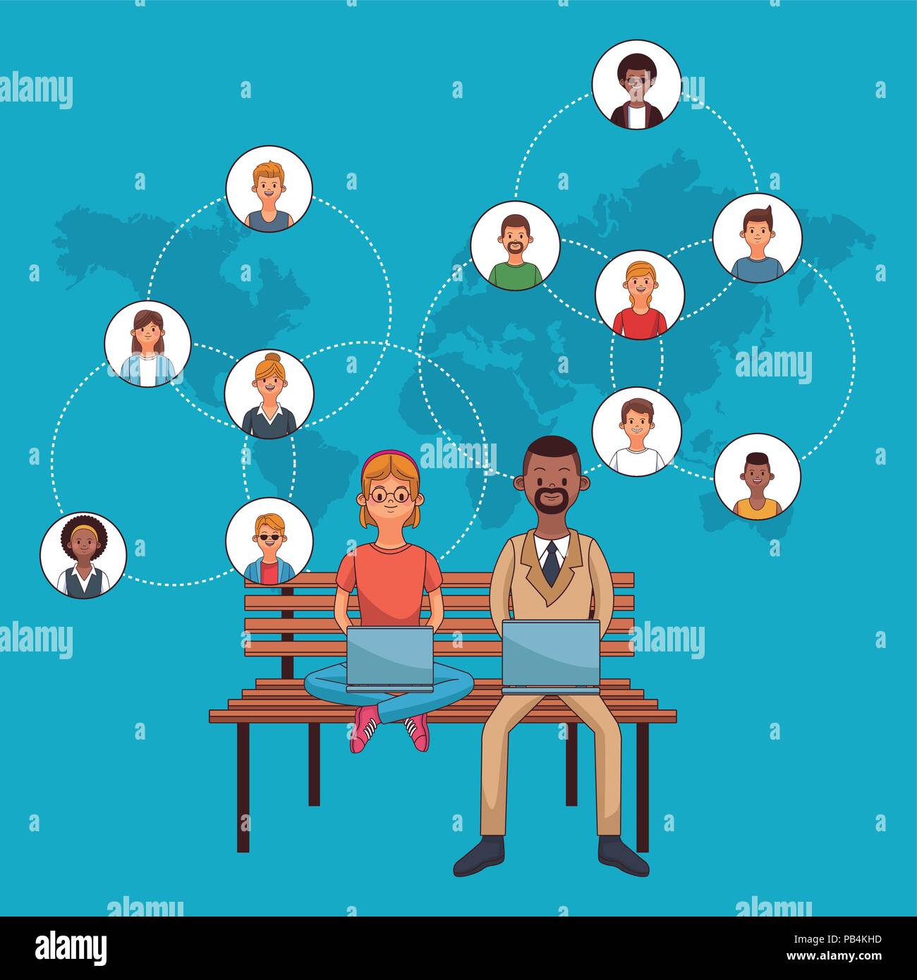 People seated on chair connected to social media vector illustration ...