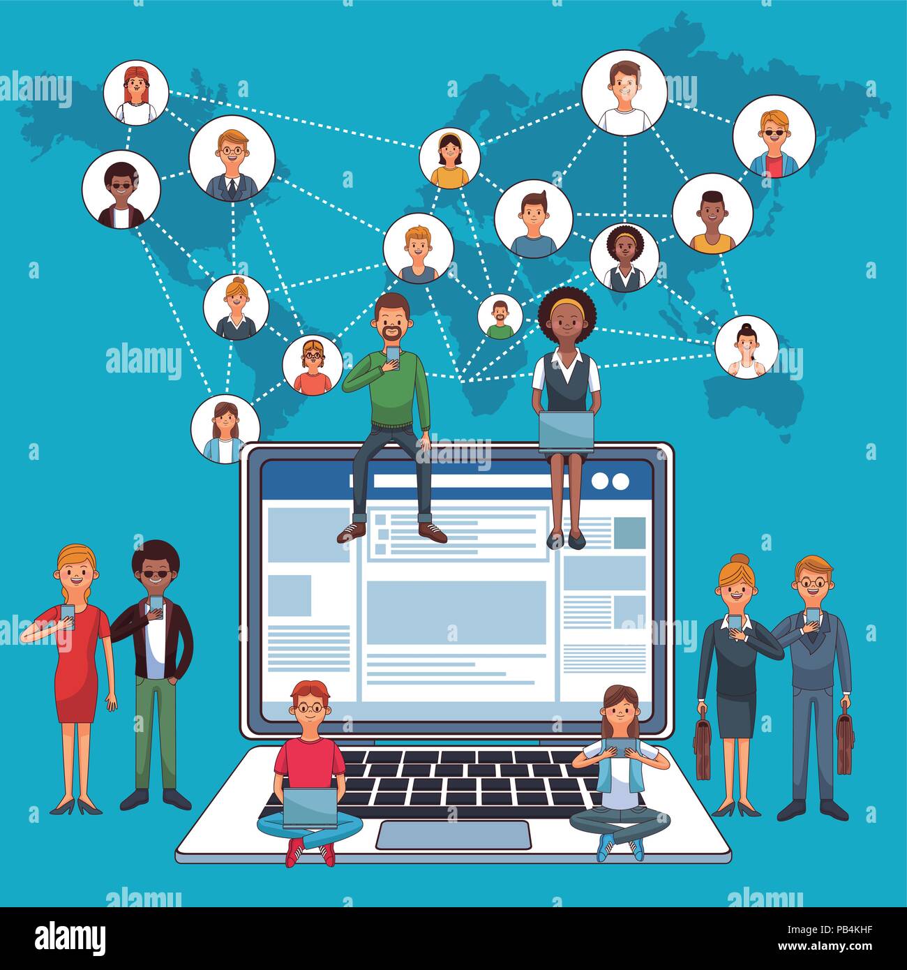 People using laptop to connect to social media and network vector ...