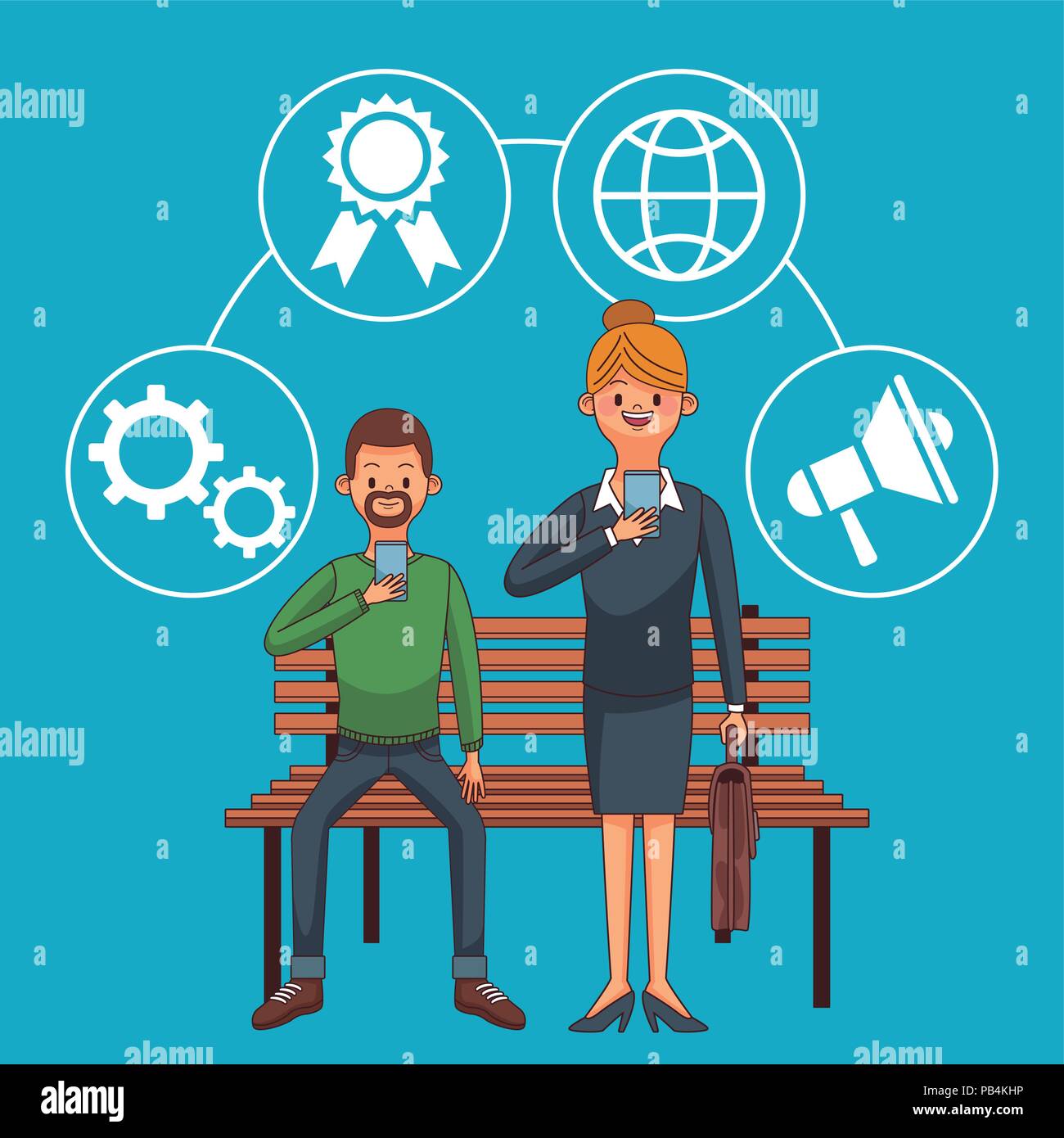 People seated on chair connected to social media vector illustration ...