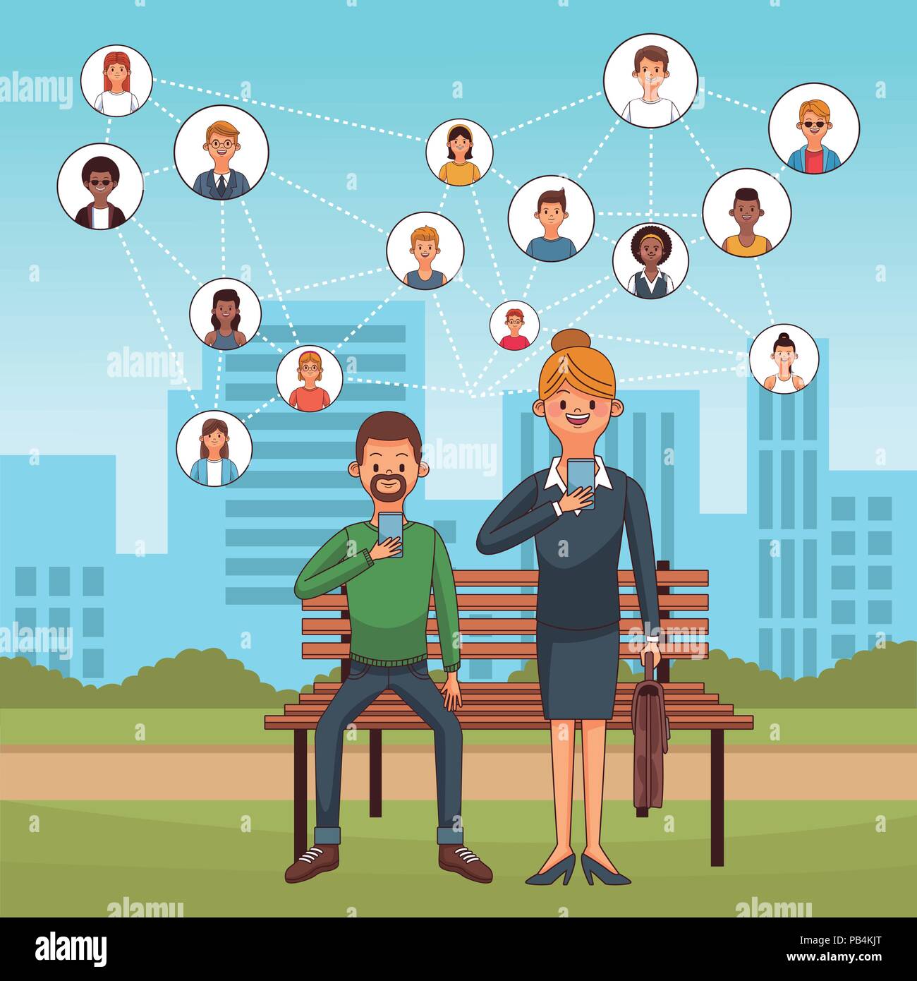 People seated at park connected to social media cartoons vector ...