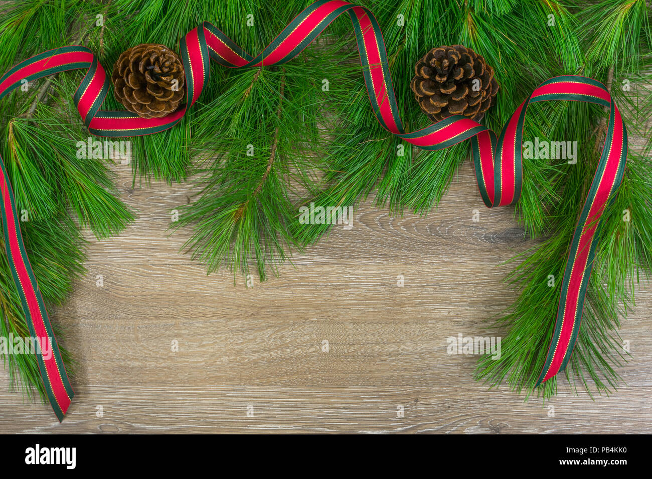 Top border of two pine cones and red and green twirled ribbon on White ...