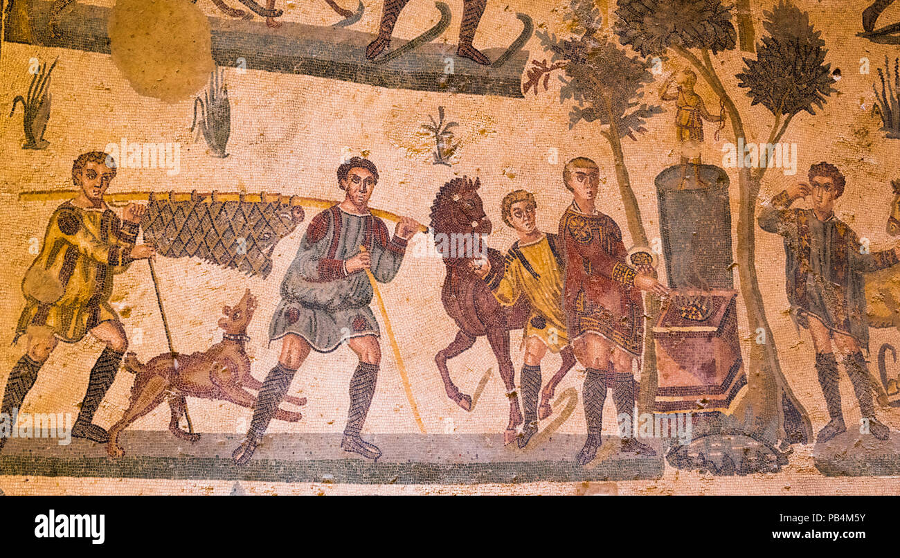 Italy Sicily Piazza Amerina Villa Romana del Casale hunting scene Roman ...