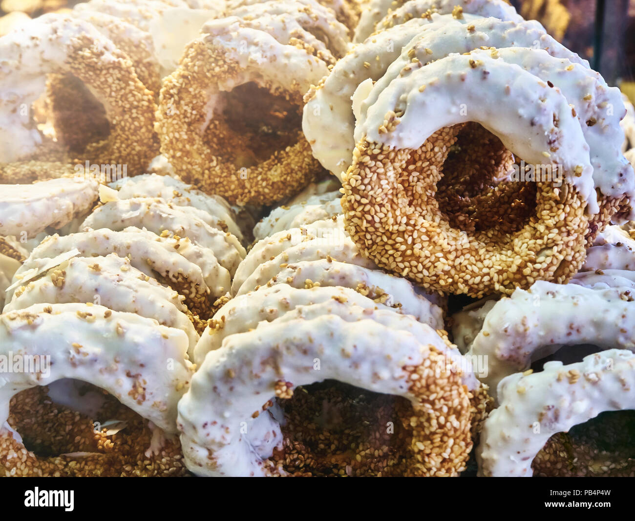 Koulouri glazed, greek style sesame bread rings, typical greek sweet ...