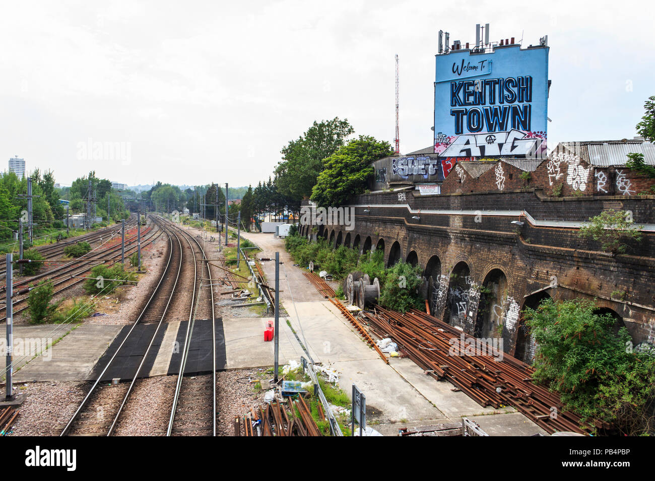 View of the railway from the bridge in Kentish Town, London, UK, with a ...