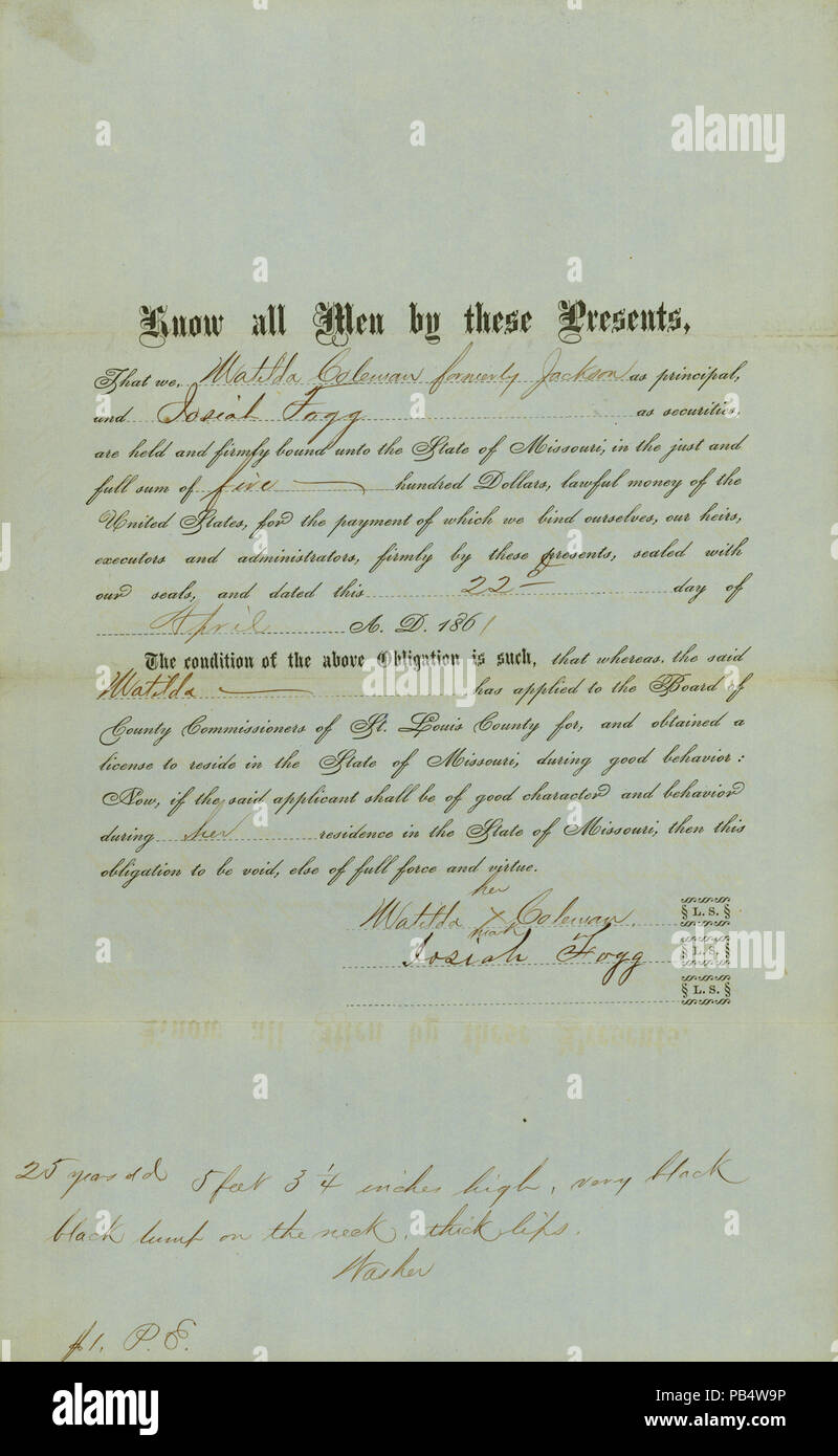 1005 Matilda Coleman formerly Jackson Free Negro Bond Stock Photo - Alamy