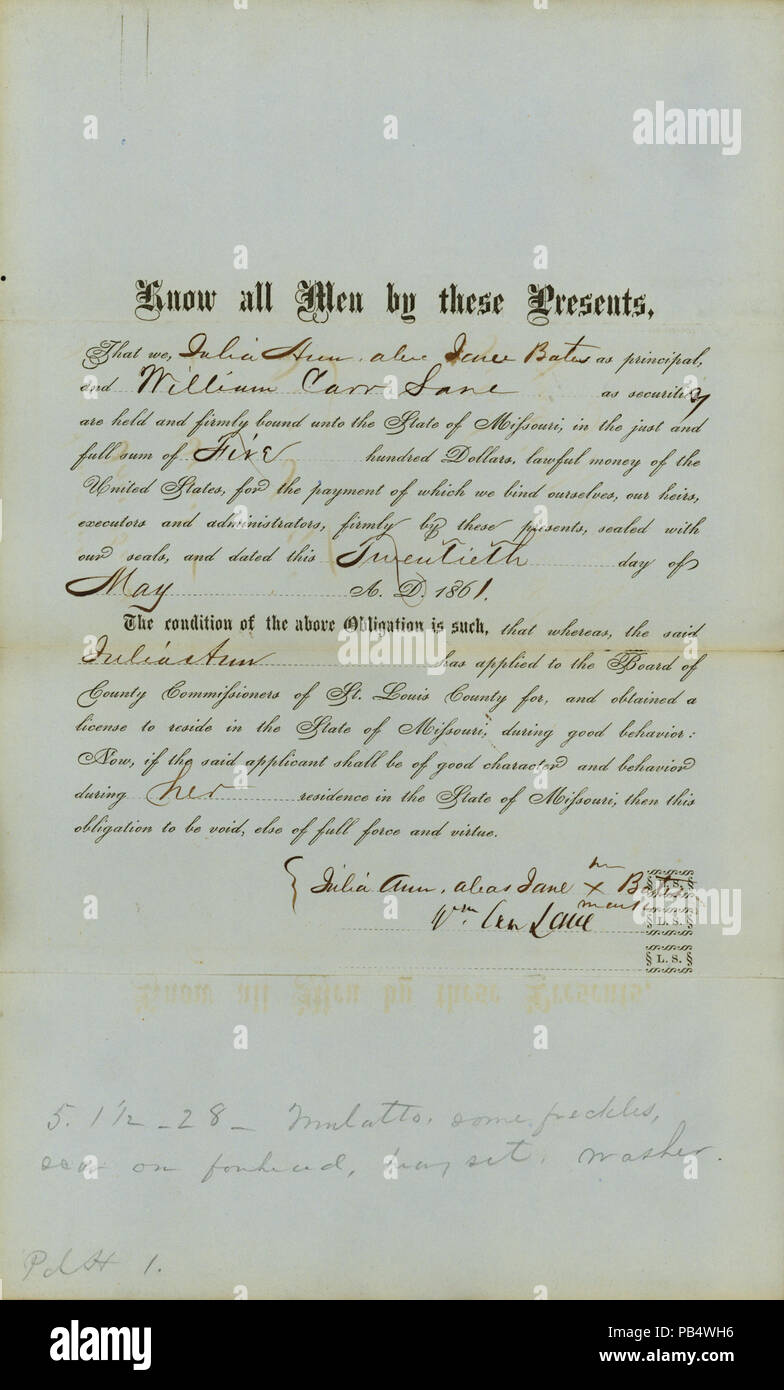 847 Julia Ann alias Jane Bates Free Negro Bond Stock Photo - Alamy