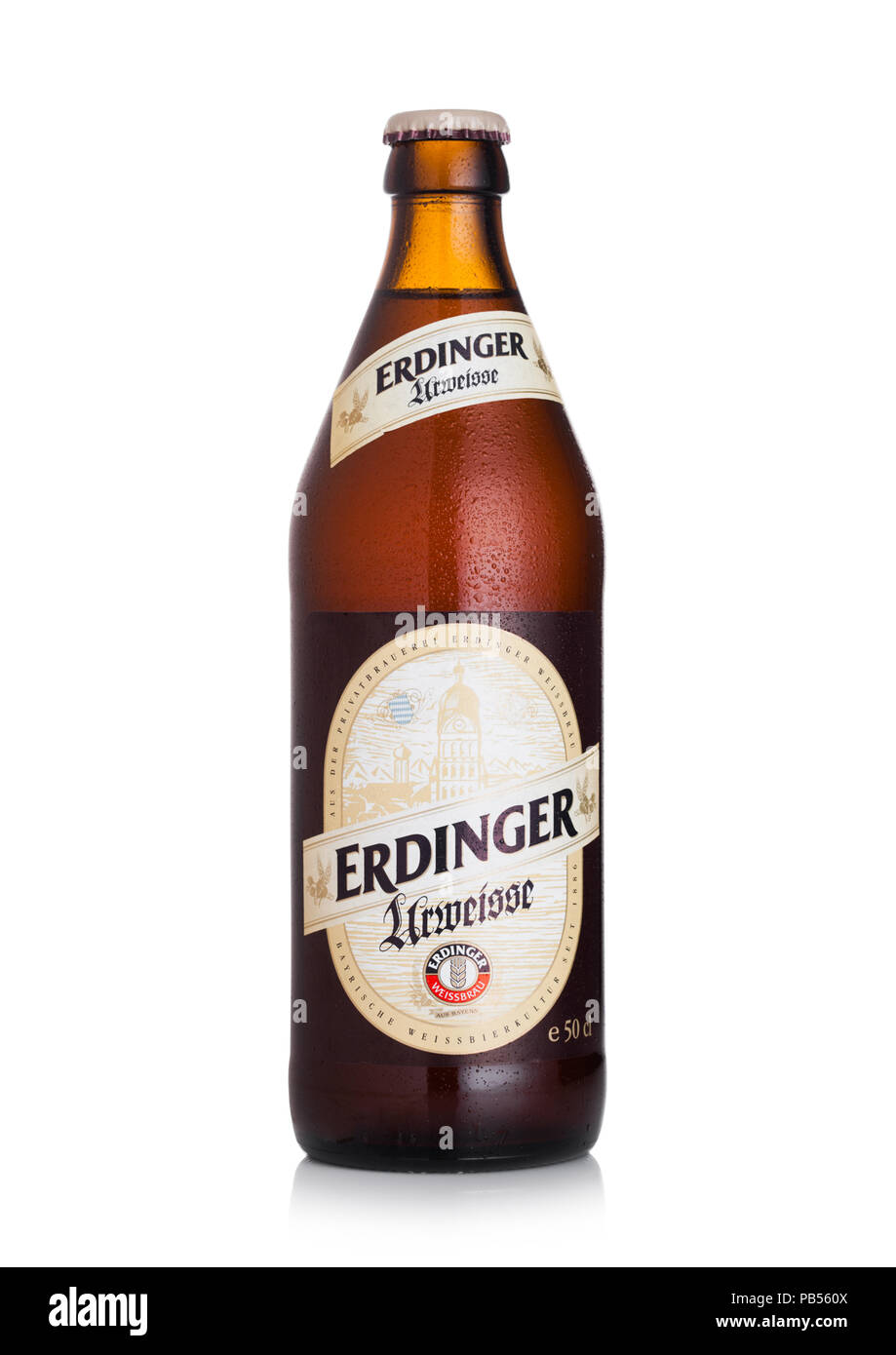 LONDON, UK - JULY 28, 2018: Bottle of Erdinger Urweisse beer on a white ...