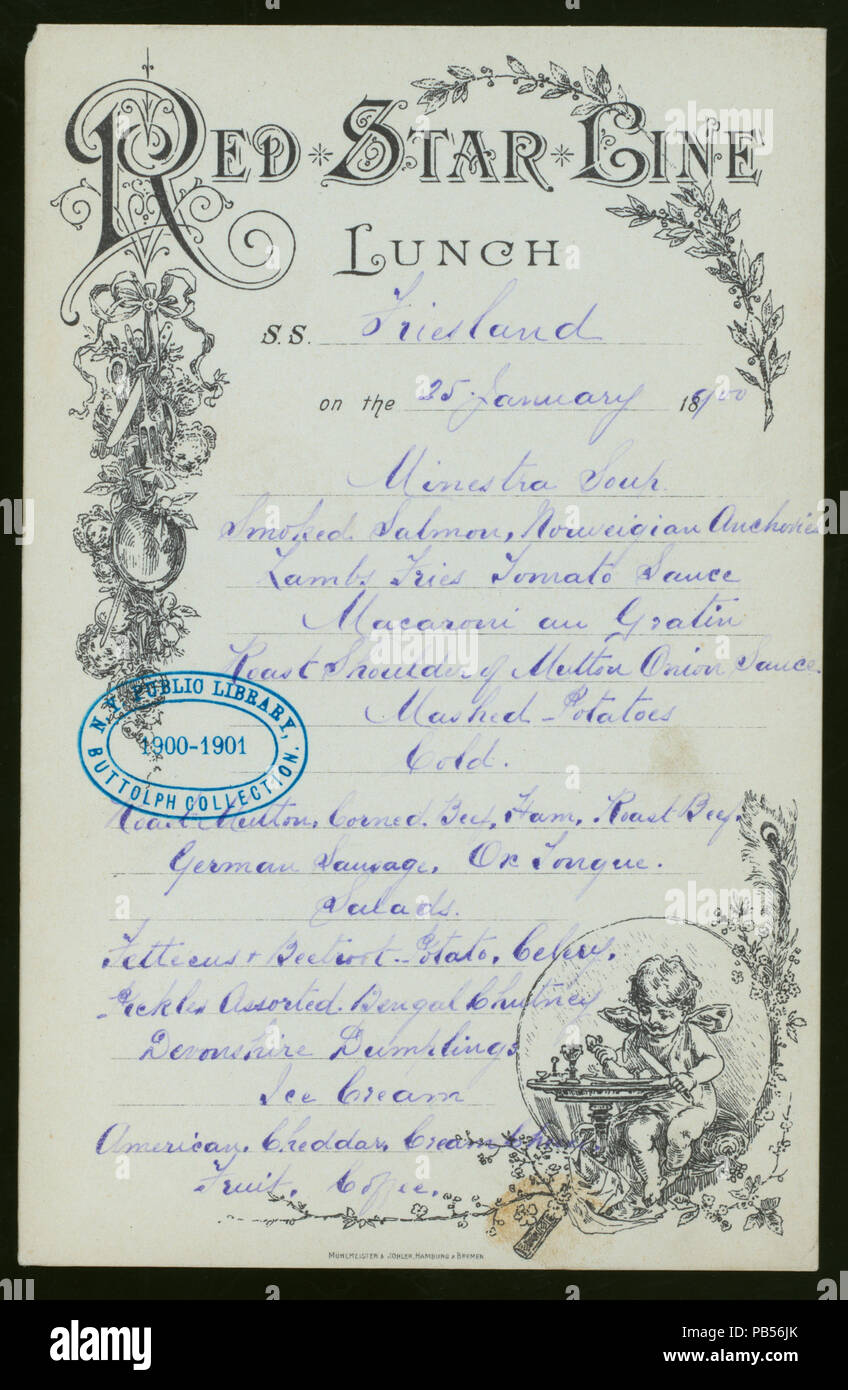 965 LUNCH (held by) RED STAR LINE (at) EN ROUTE ABOARD S.S. FRIESLAND ...