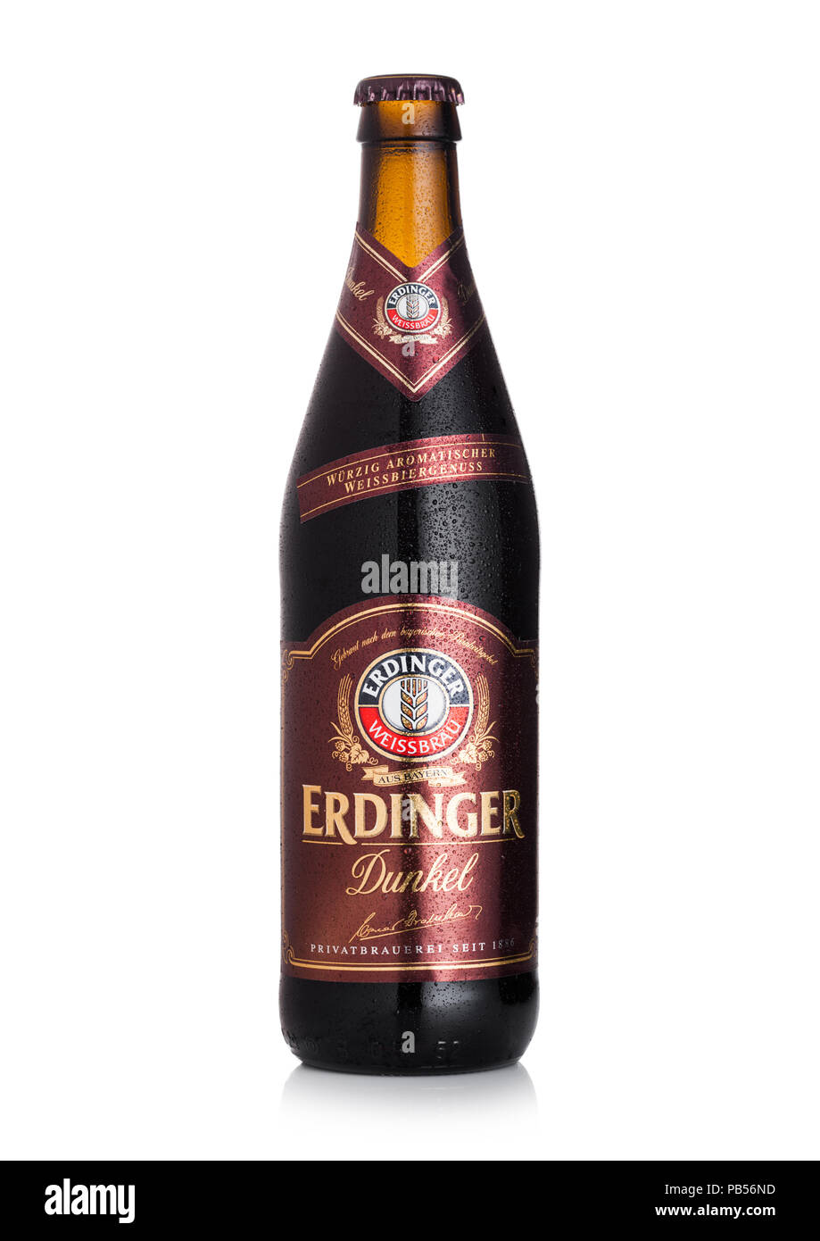 LONDON, UK - JULY 28, 2018: Bottle of Erdinger Dunkel beer on a white ...