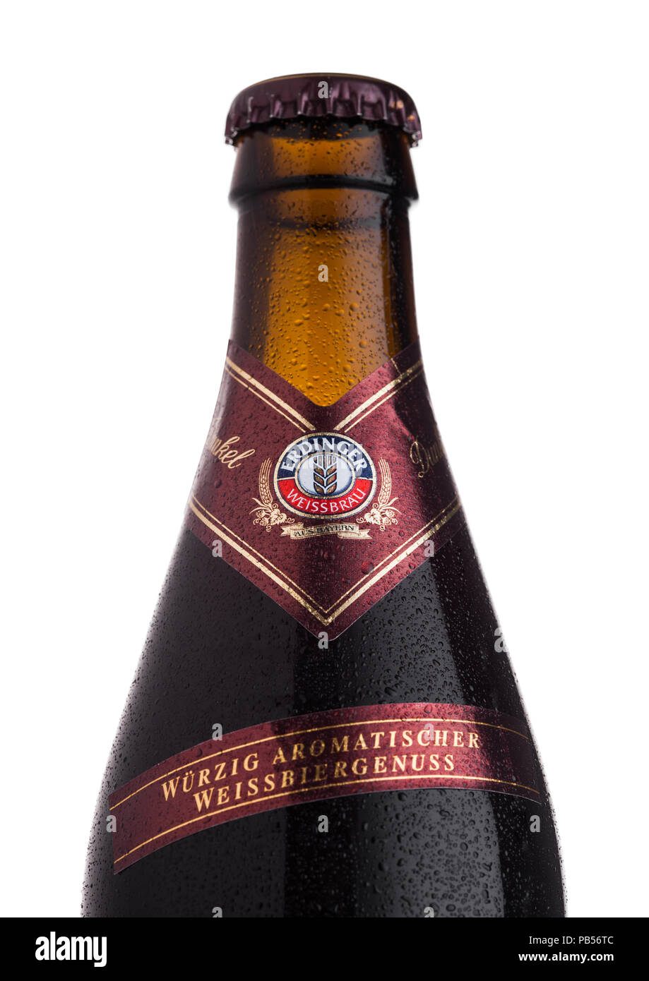 LONDON, UK - JULY 28, 2018: Bottle of Erdinger Dunkel beer on a white ...