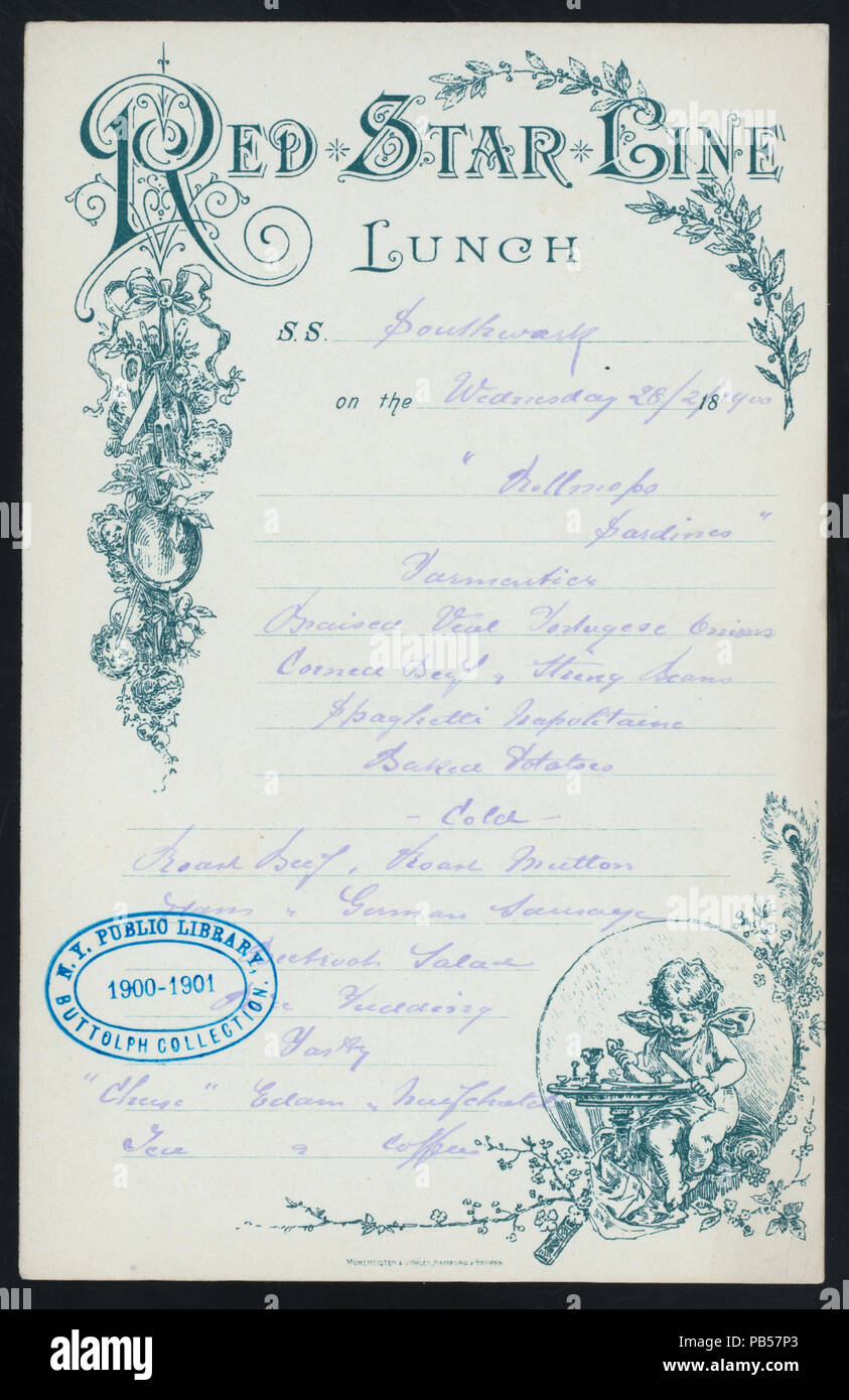 965 LUNCH (held by) RED STAR LINE (at) EN ROUTE ABOARD S.S. SOUTHWARK ...