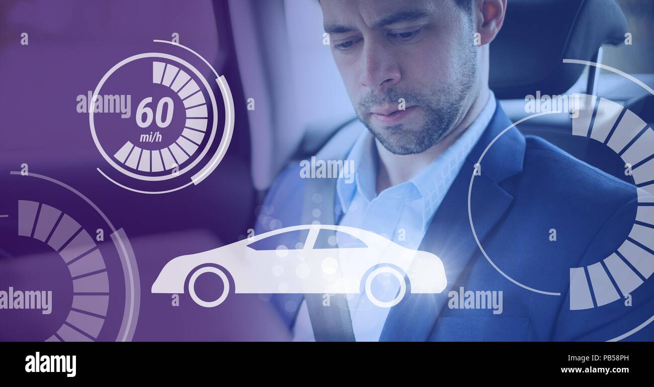 Man in driverless autonomous car with heads up display interface Stock ...