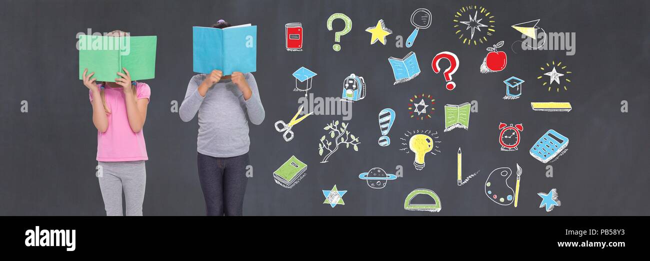 School kids reading and Education drawing on blackboard Stock Photo - Alamy