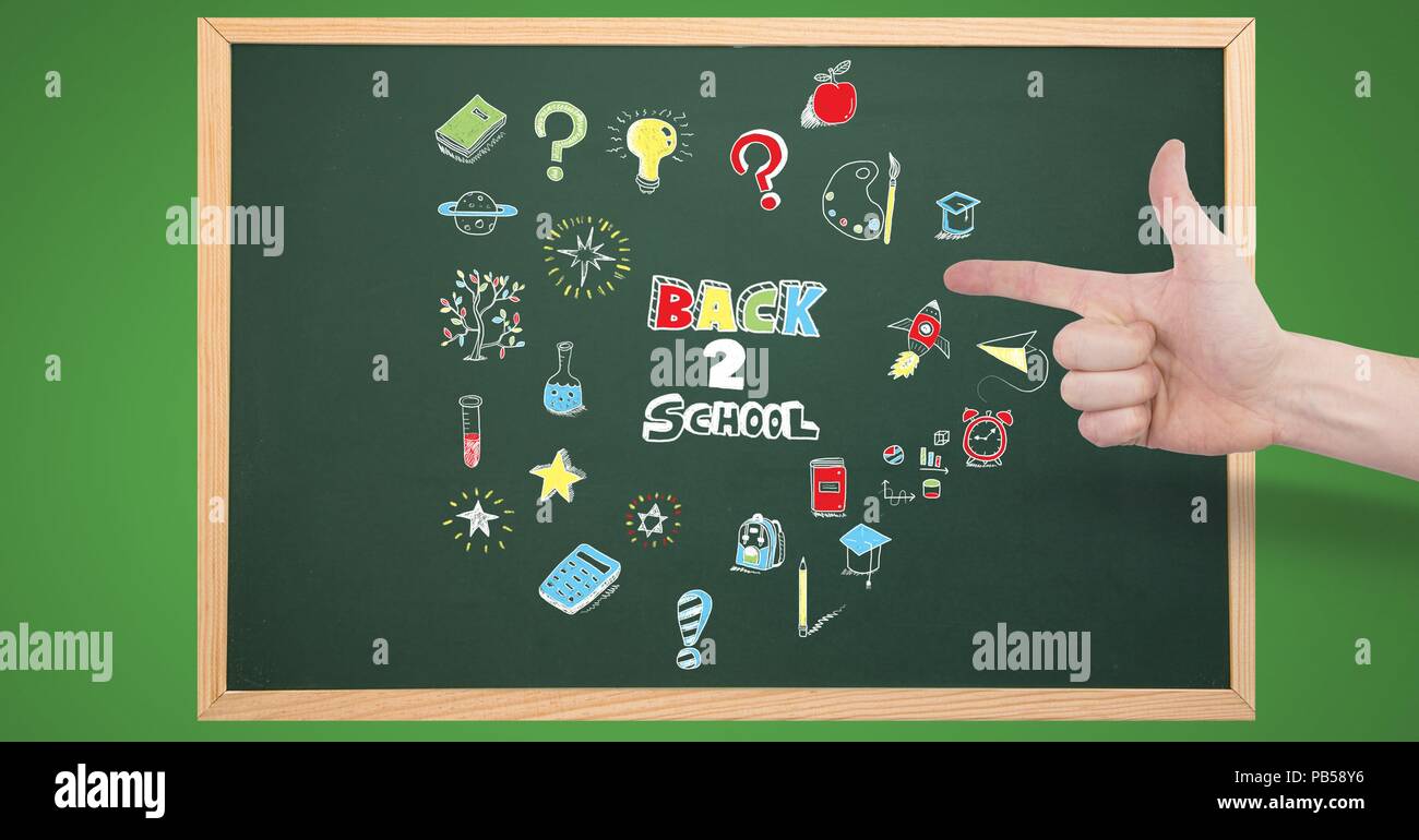 Hand pointing at Back to school Education drawing on blackboard Stock ...