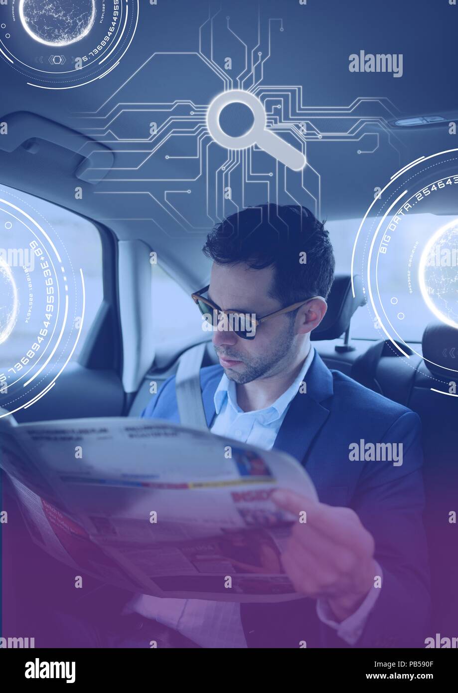 Man in driverless autonomous car with heads up display interface and ...