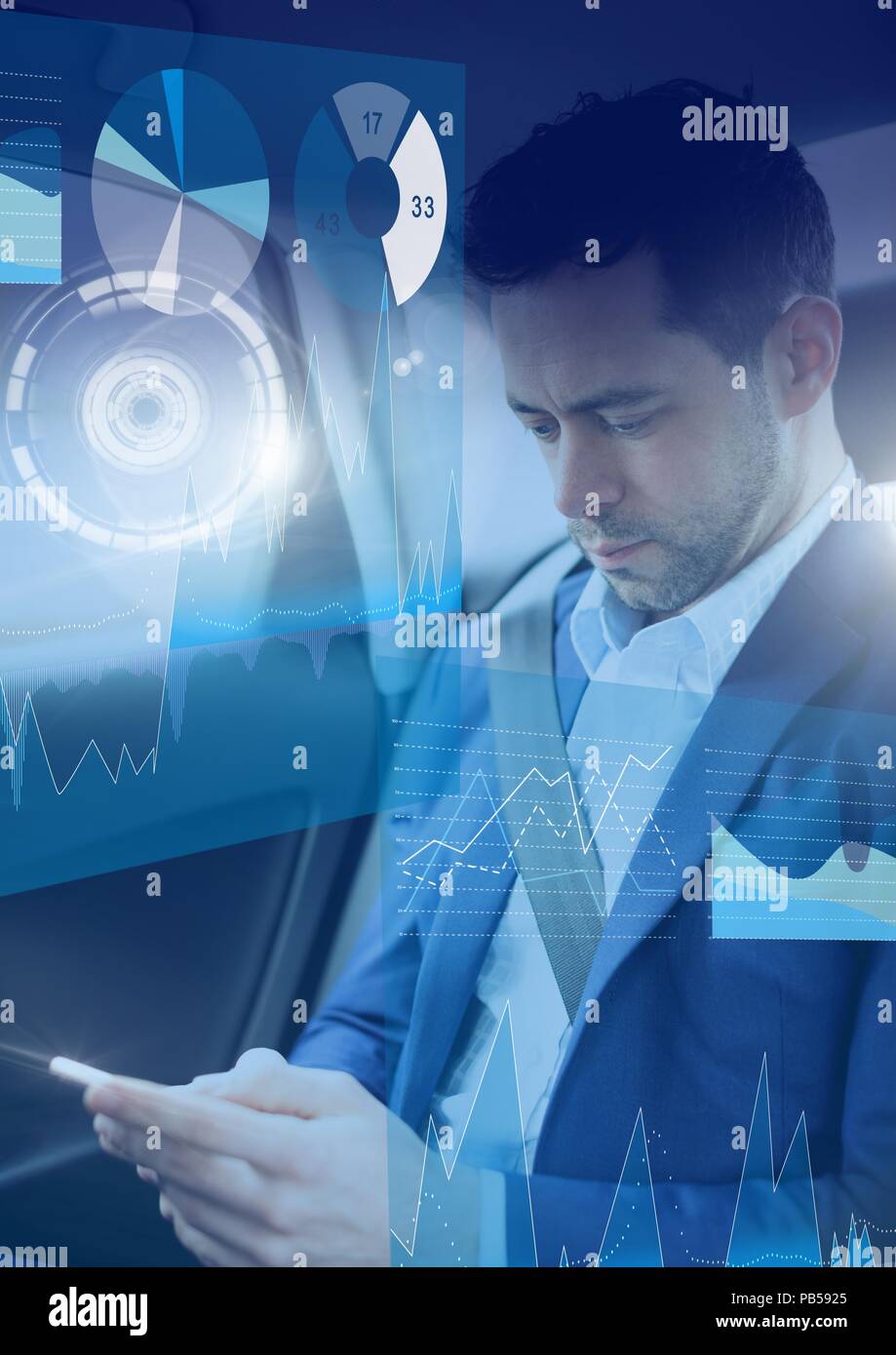 Man in driverless autonomous car with heads up display interface and ...