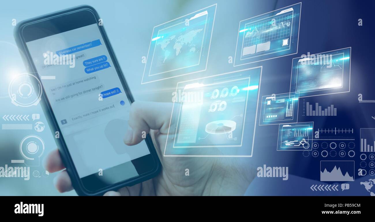 Hand holding phone with display interface glowing Stock Photo - Alamy