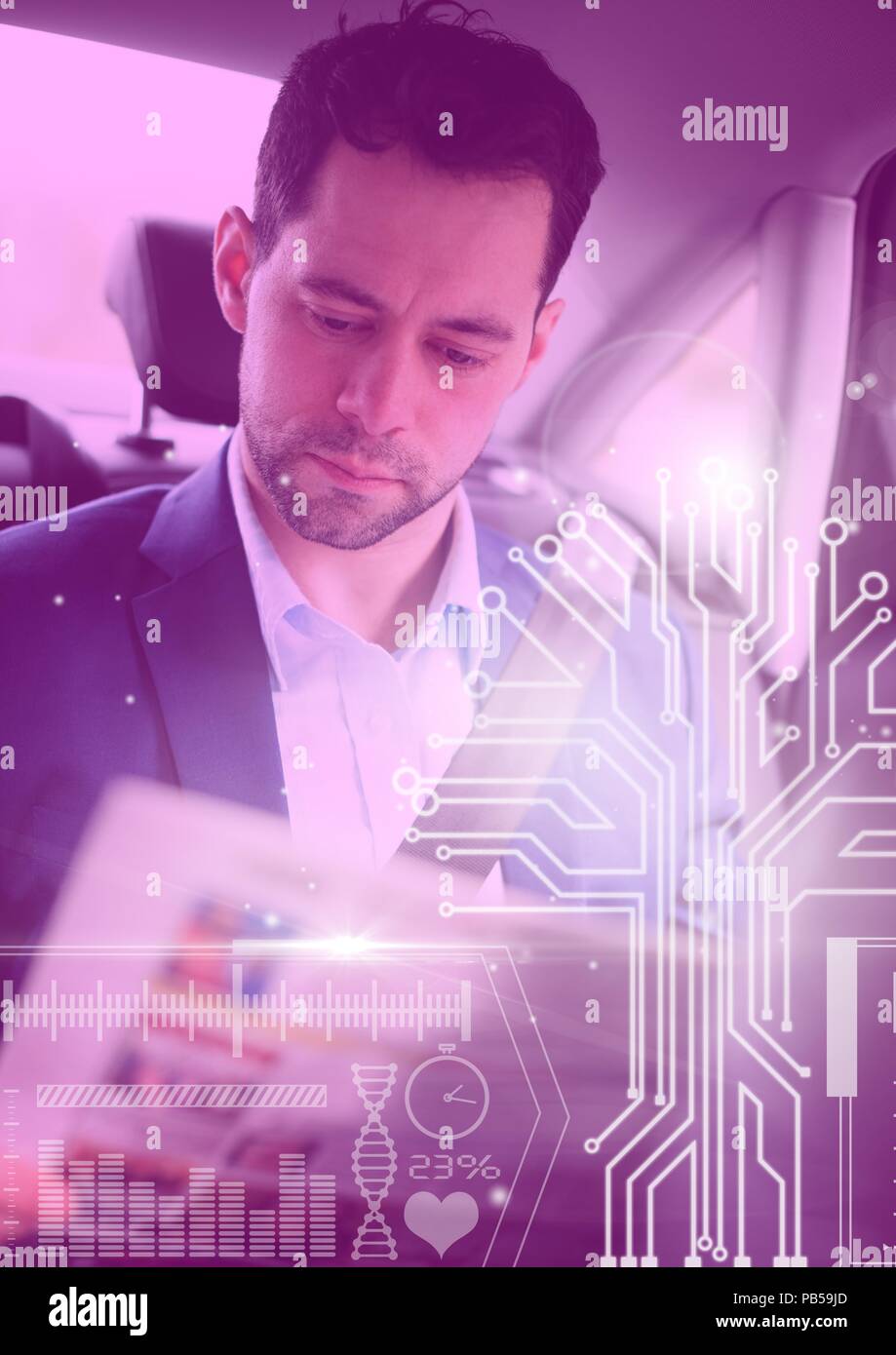 Man in driverless autonomous car with heads up display interface Stock ...