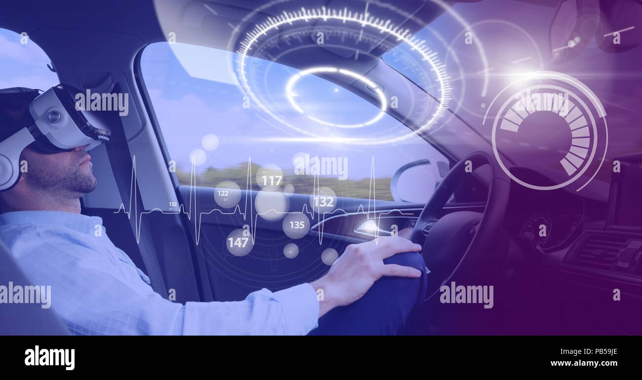 Man driving in car with heads up display interface and virtual reality ...