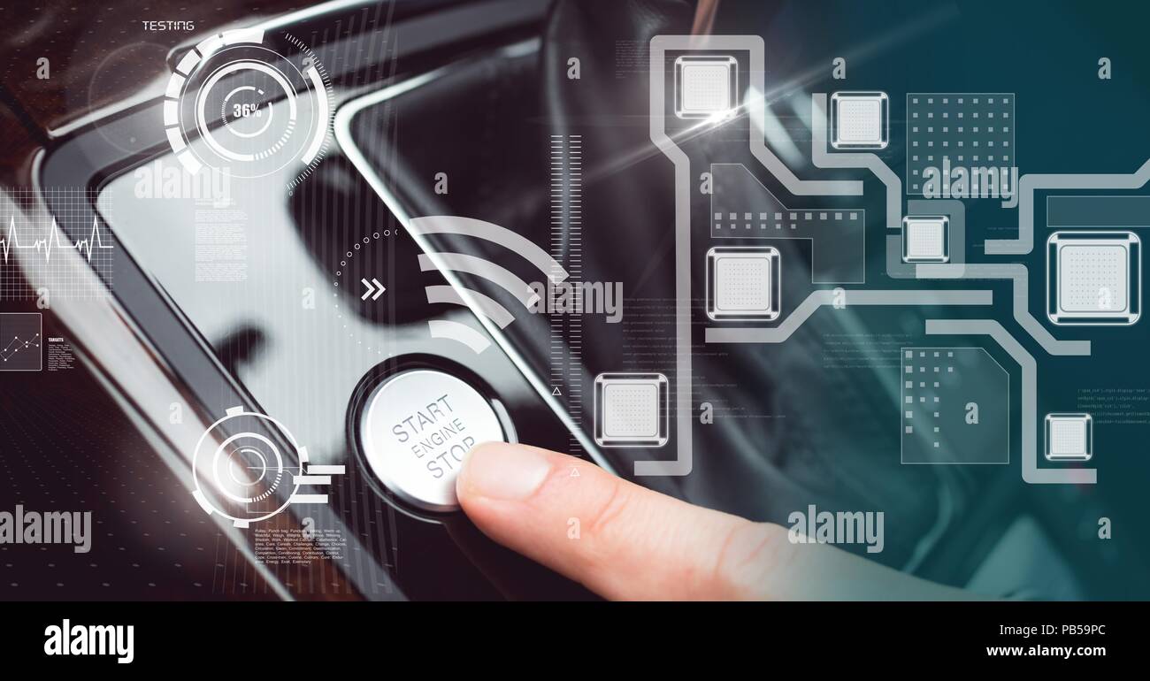 Touching start engine button in vehicle with heads up display interface ...