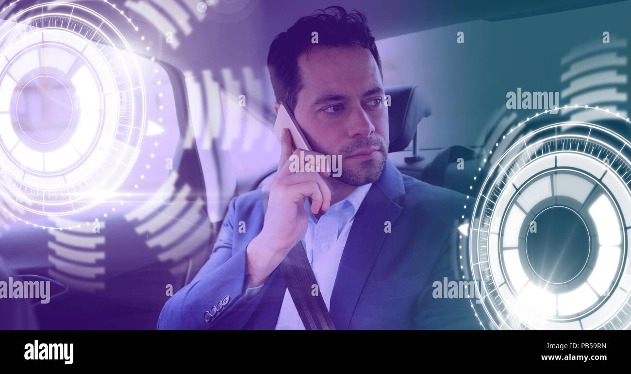 Man in driverless autonomous car with heads up display interface Stock ...