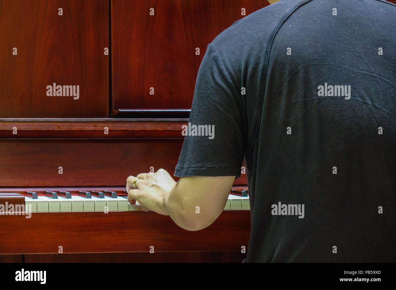 Back view of music performer playing piano at luxury hotel Stock Photo ...