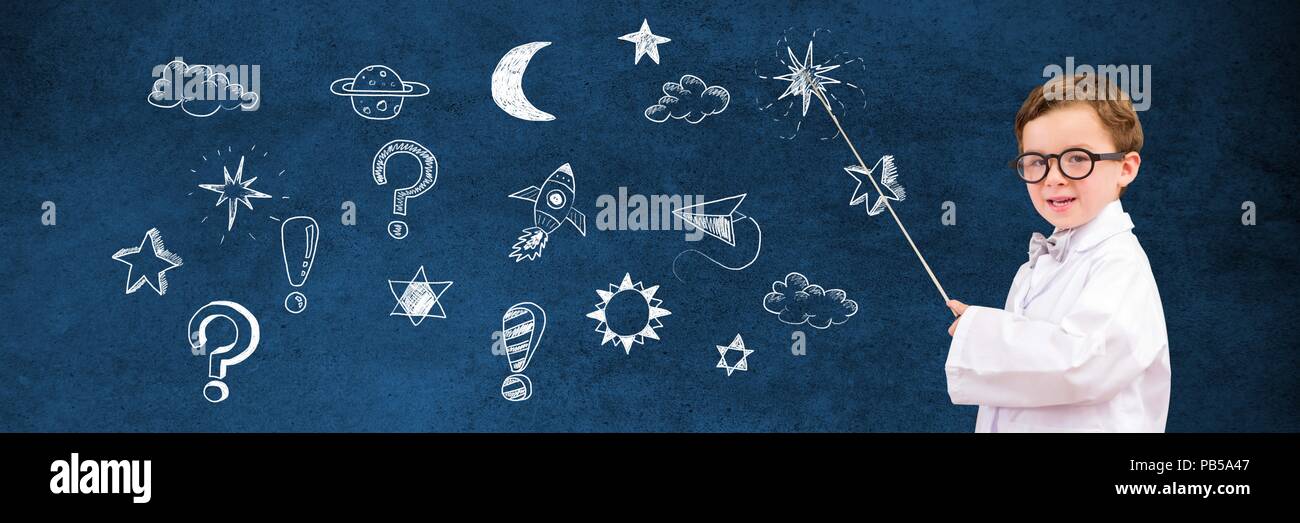 School boy scientist and Magical Space universe Education drawing on ...