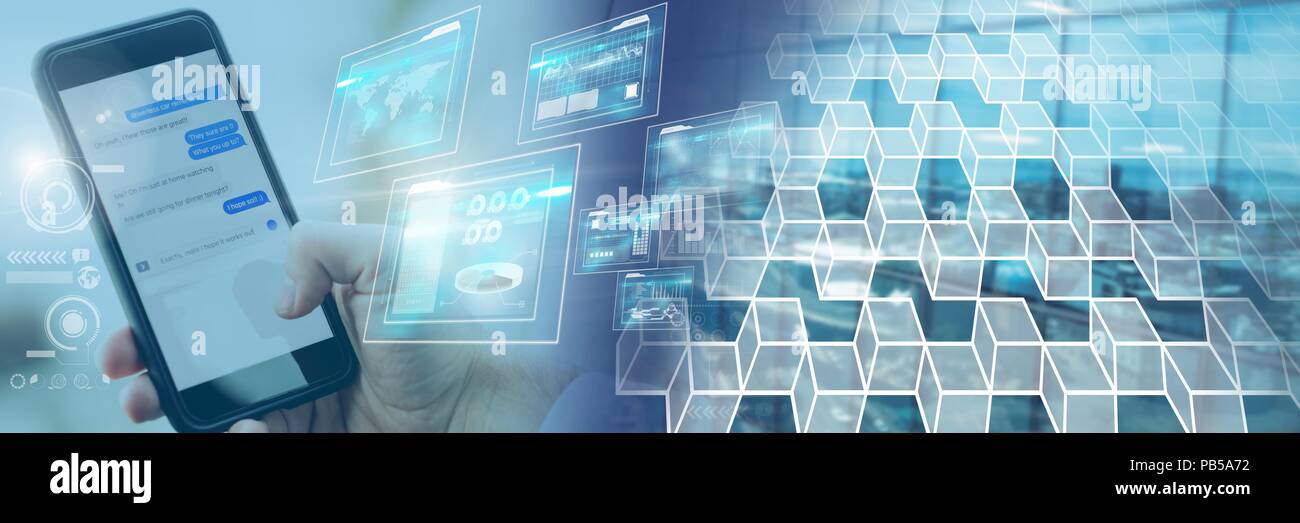 Hand holding phone with display interface glowing and transition Stock ...