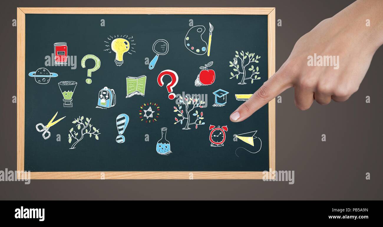 Hand pointing at Education drawing on blackboard for school Stock Photo ...