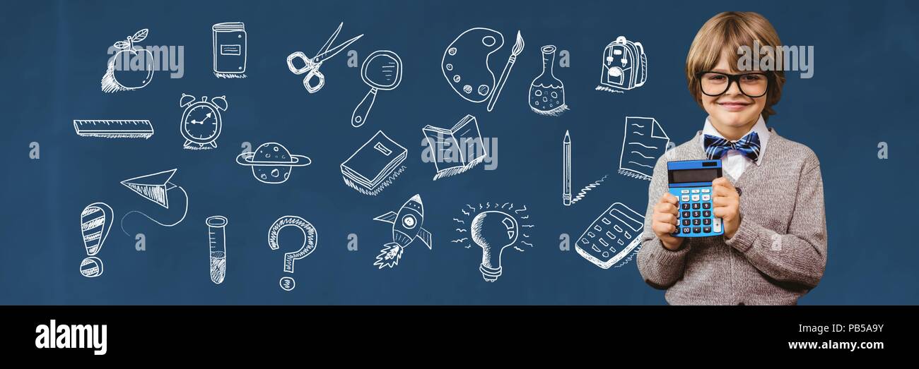 School boy holding calculator and Education drawing on blackboard for ...