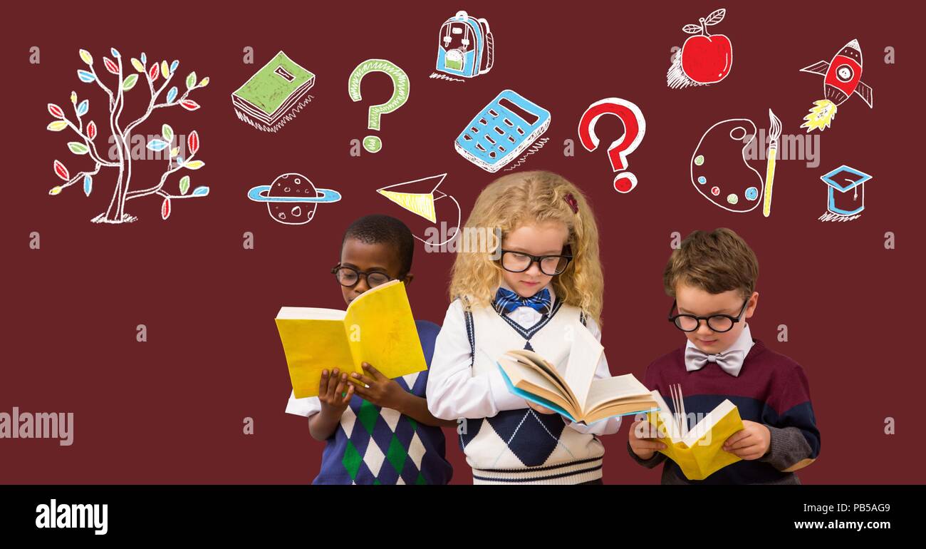 School kids reading and Education drawing on blackboard for school with ...