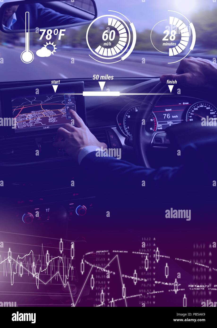 Man driving in car with heads up display interface Stock Photo - Alamy