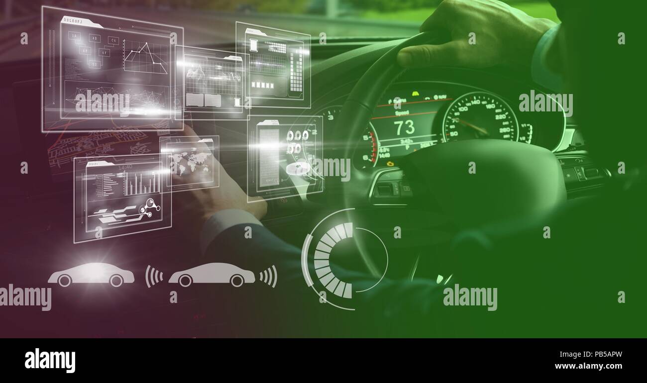 Man driving in car with heads up display interface Stock Photo - Alamy