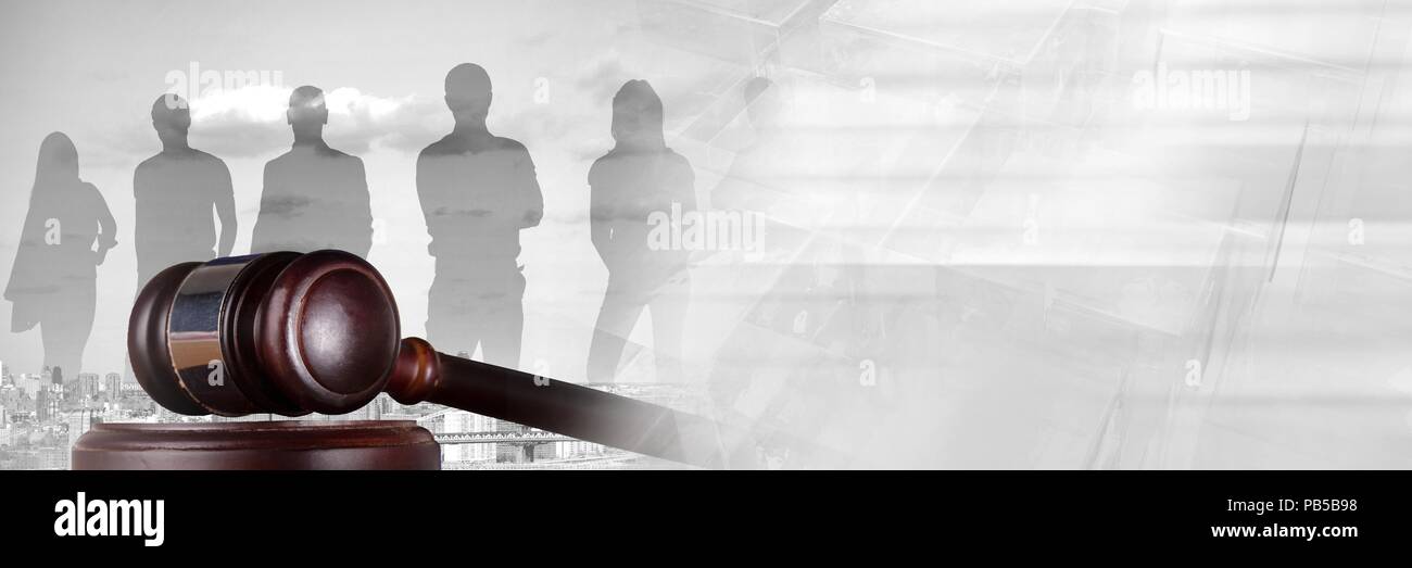 Gavel and people silhouettes over city with transition Stock Photo - Alamy