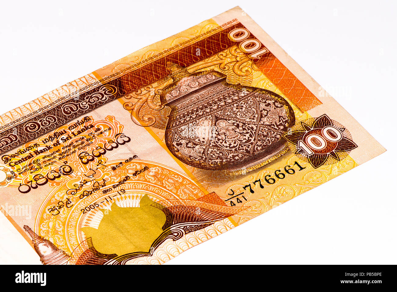 100 Sri Lankan rupee bank note. Rupees is the national currency of Sri ...