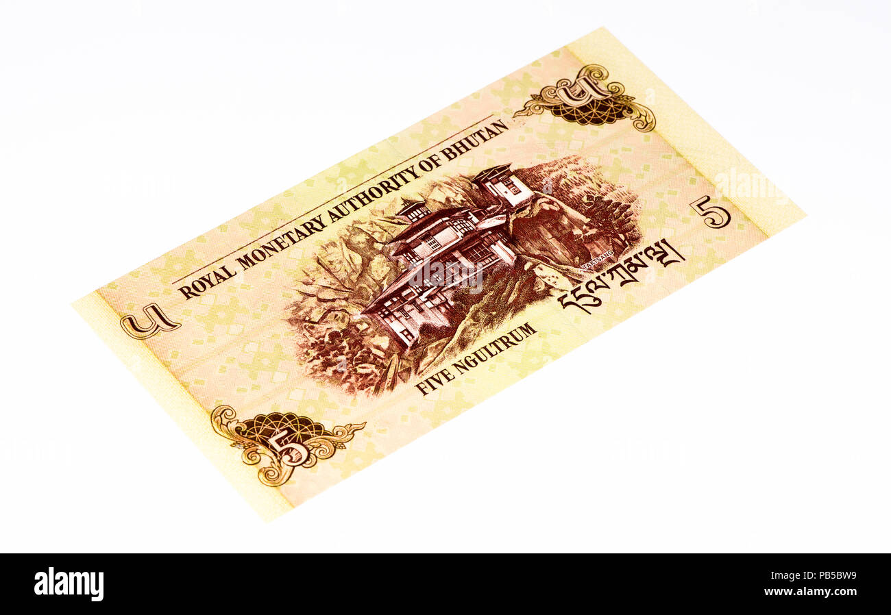 5 ngultrum bank note of Bhutan. Ngultrum is the national currency of ...