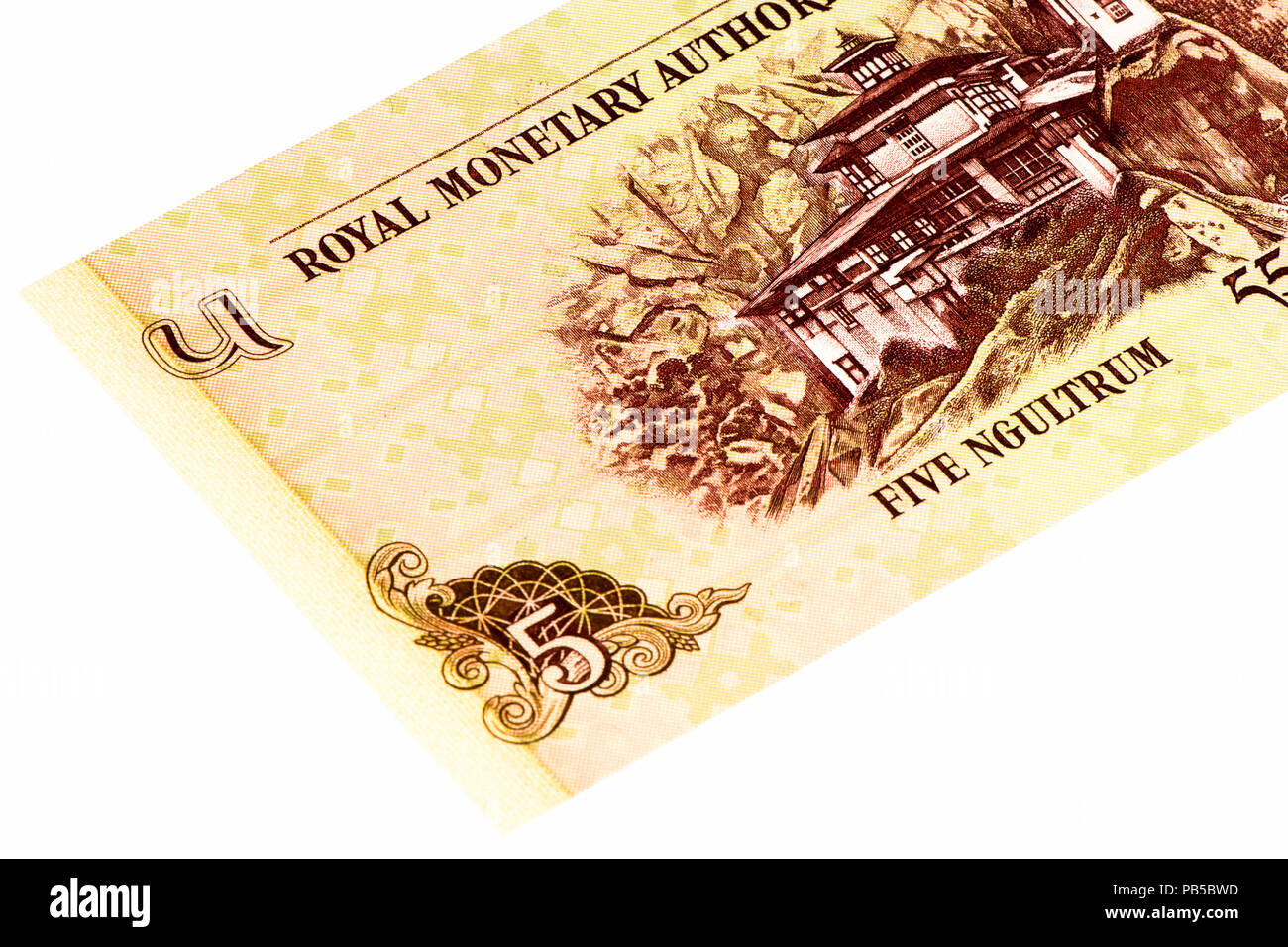 5 ngultrum bank note of Bhutan. Ngultrum is the national currency of ...