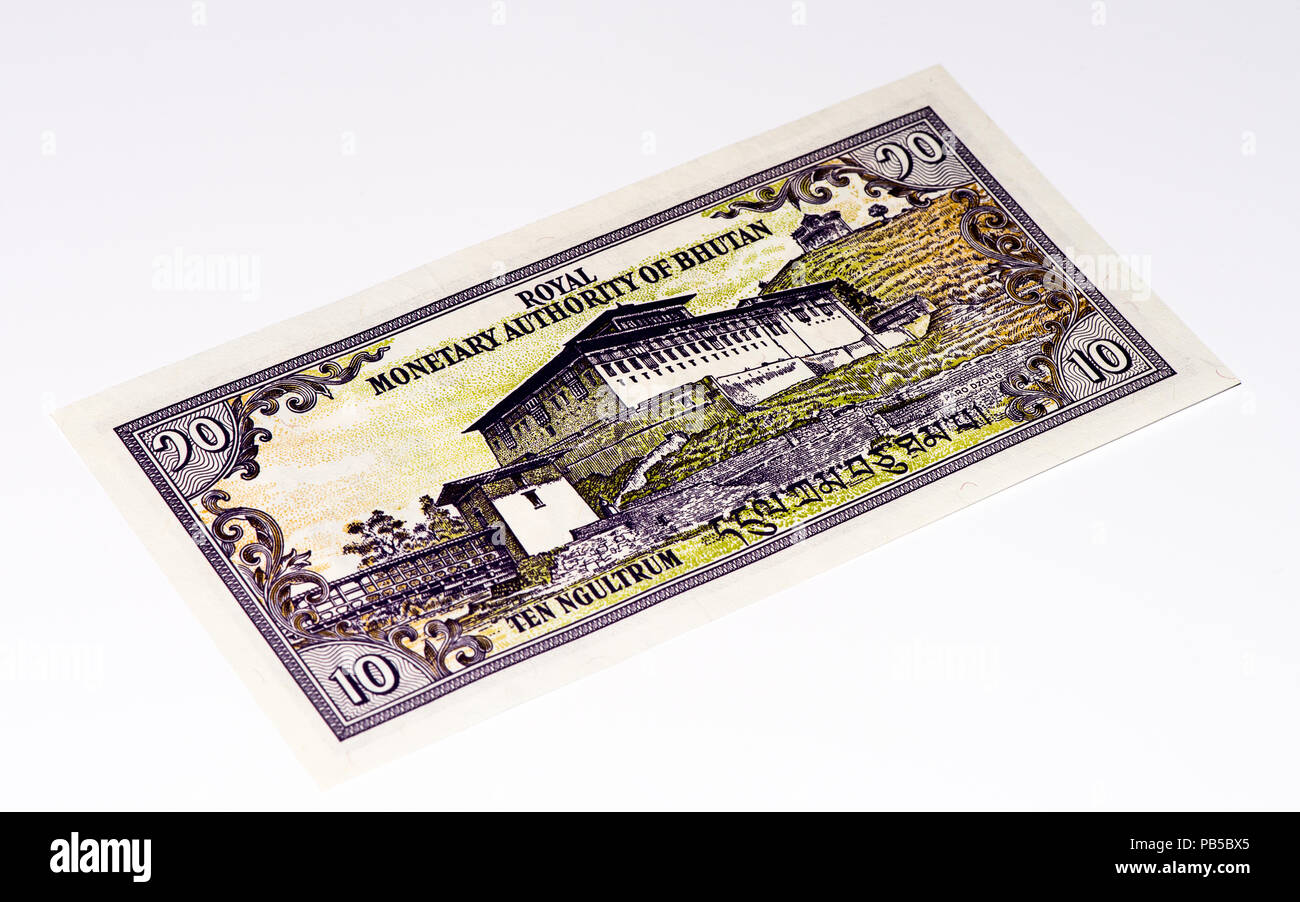 10 ngultrum bank note of Bhutan. Ngultrum is the national currency of ...