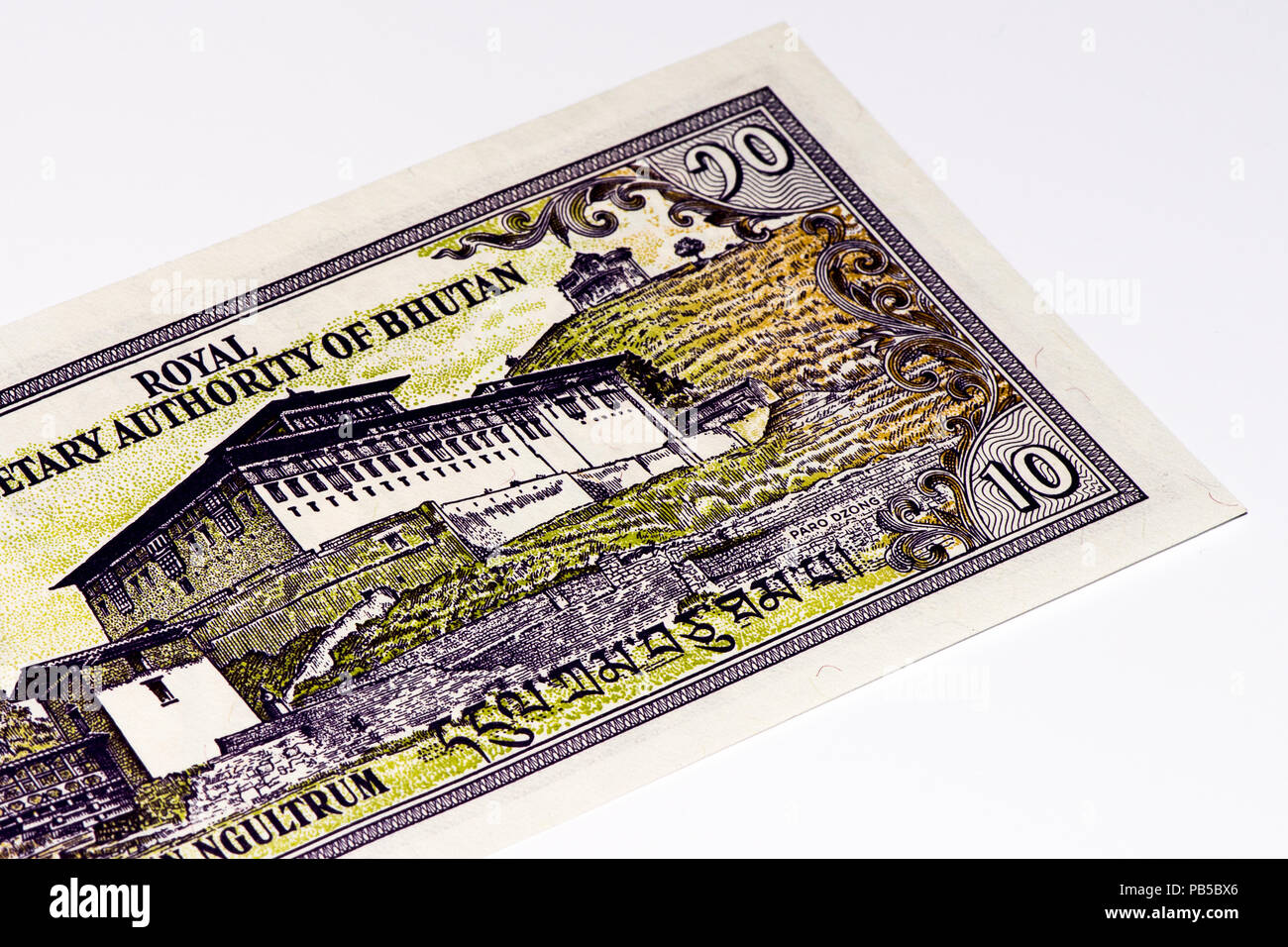 10 ngultrum bank note of Bhutan. Ngultrum is the national currency of ...