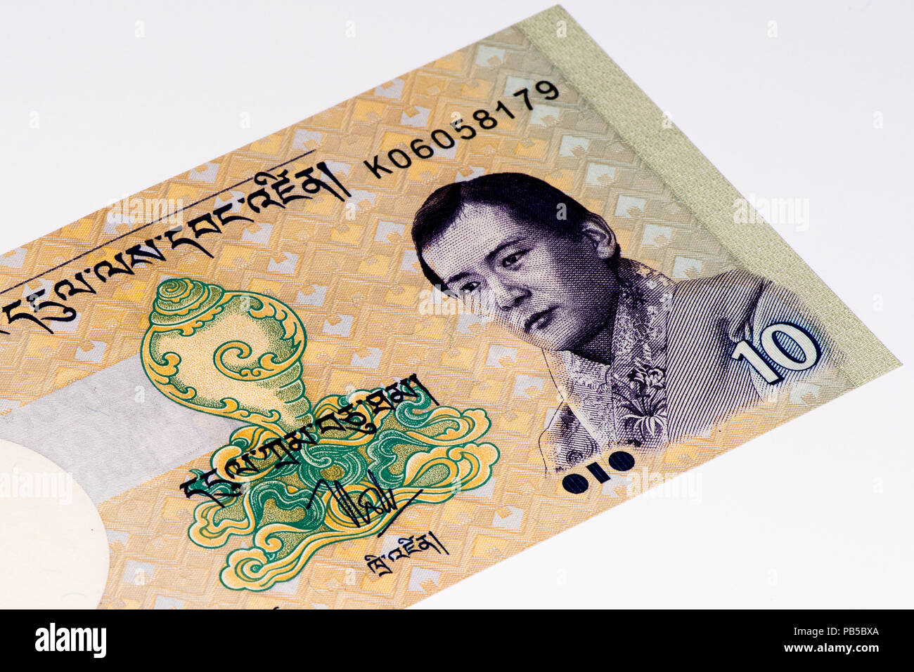 10 ngultrum bank note of Bhutan. Ngultrum is the national currency of ...