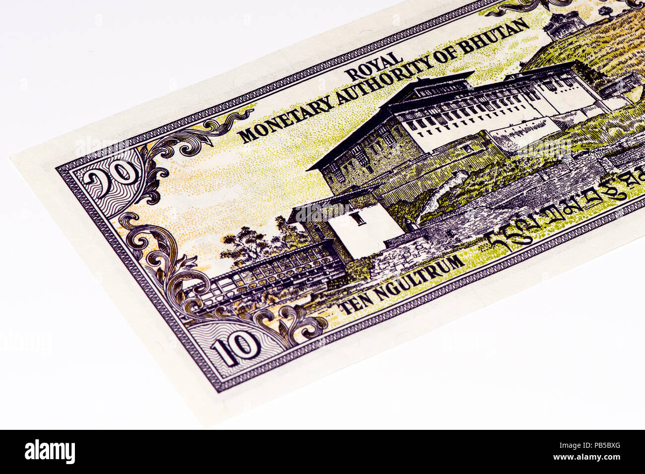 10 ngultrum bank note of Bhutan. Ngultrum is the national currency of ...