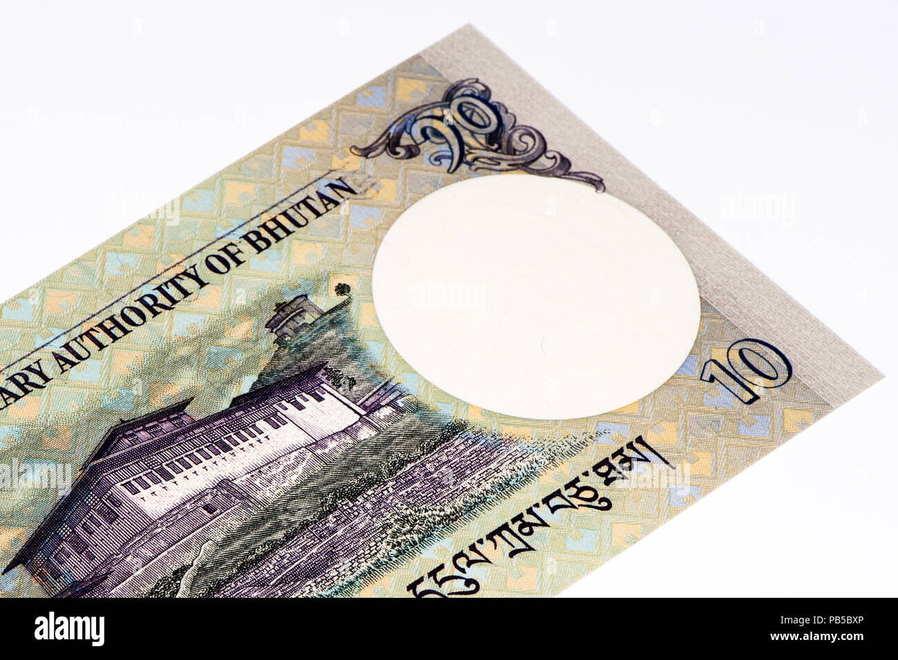 10 ngultrum bank note of Bhutan. Ngultrum is the national currency of ...