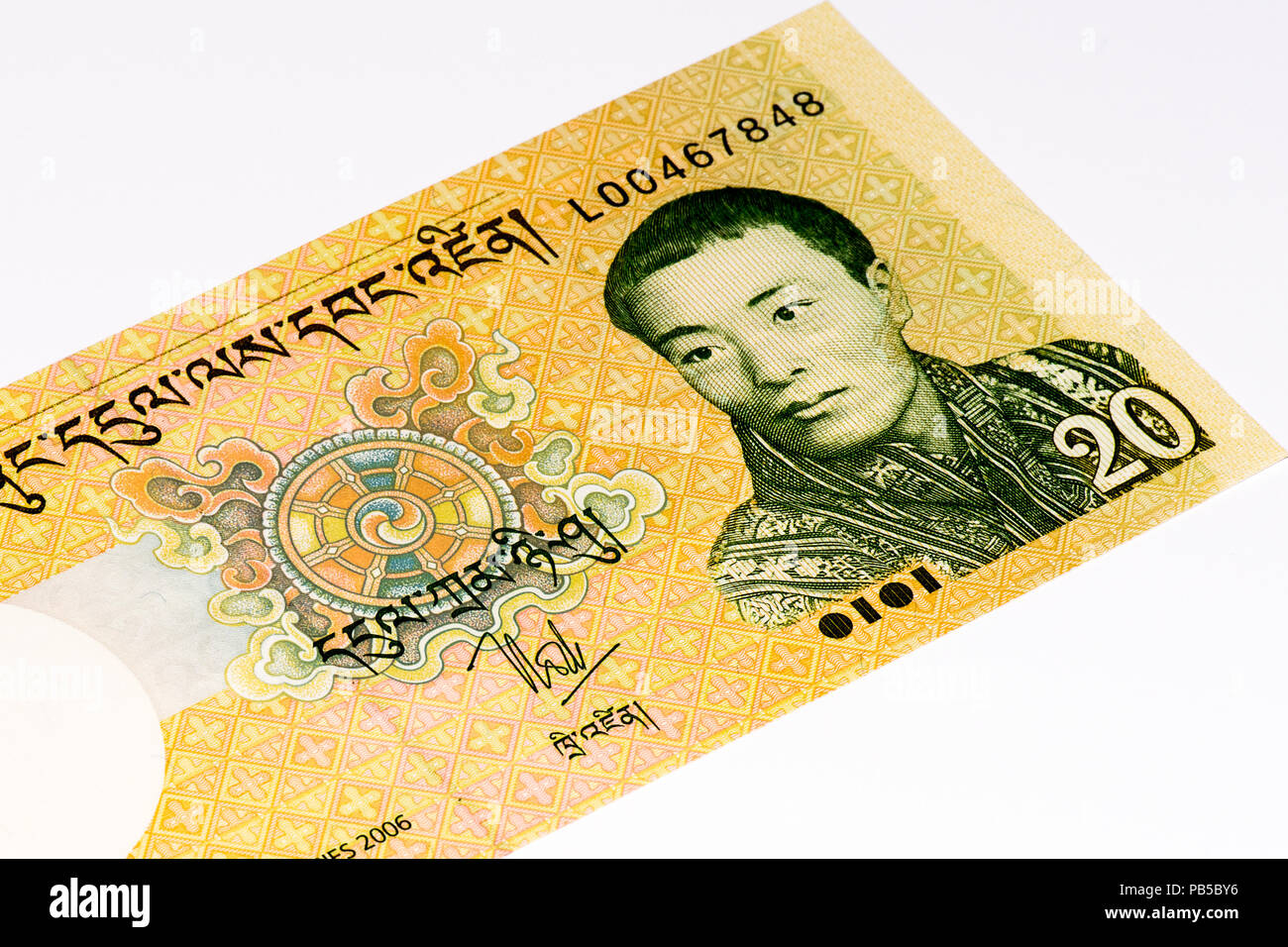 20 ngultrum bank note of Bhutan. Ngultrum is the national currency of ...
