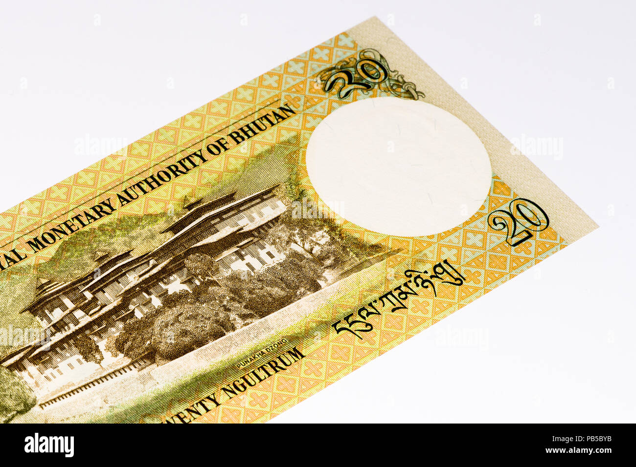 20 ngultrum bank note of Bhutan. Ngultrum is the national currency of ...