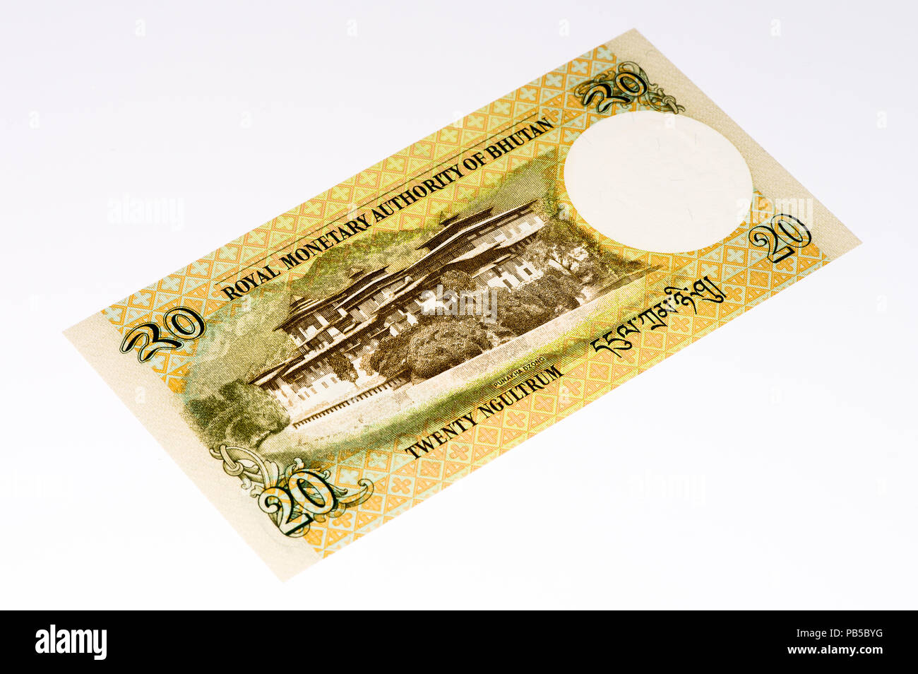 20 ngultrum bank note of Bhutan. Ngultrum is the national currency of ...