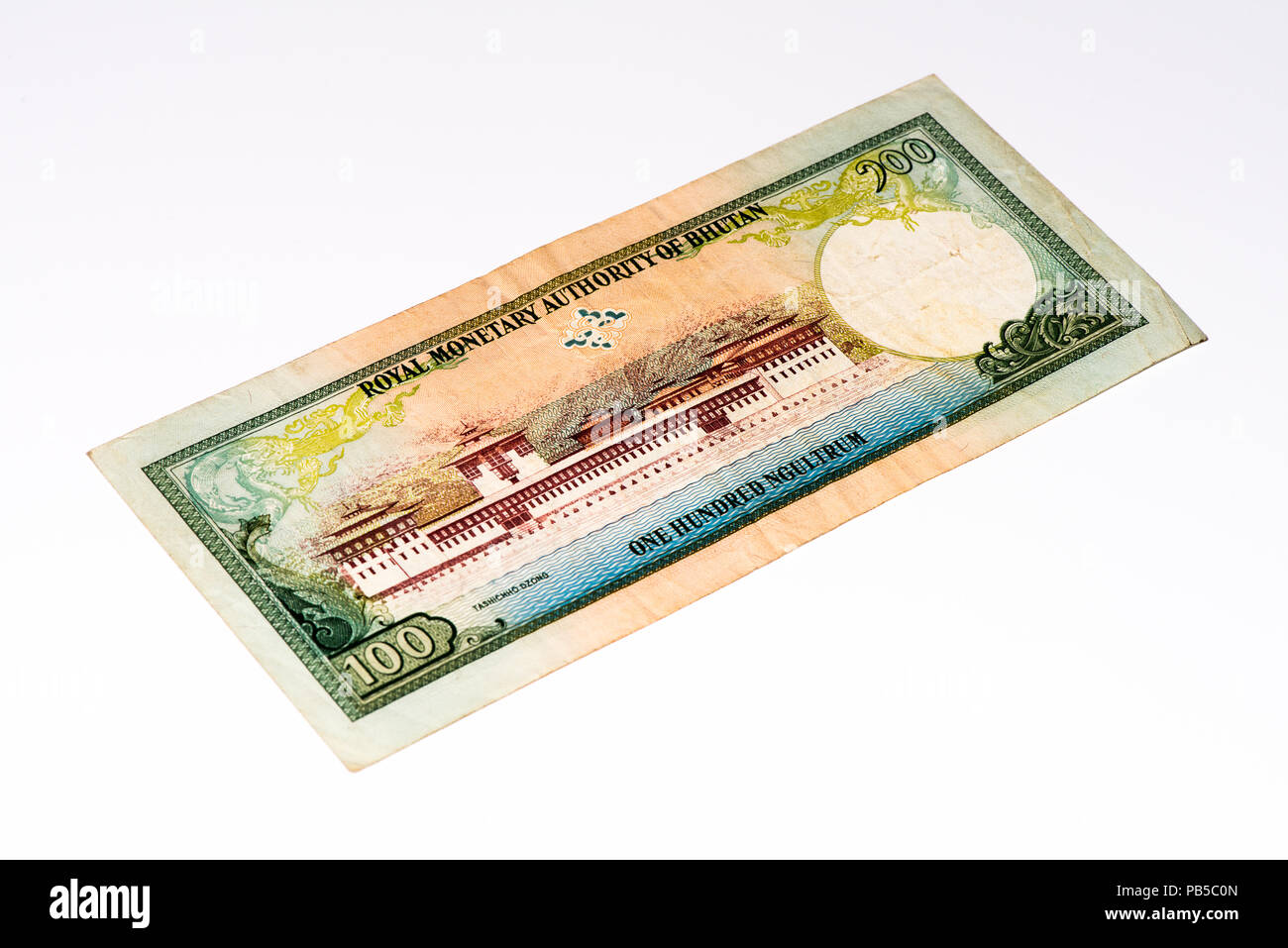 100 ngultrum bank note of Bhutan. Ngultrum is the national currency of ...