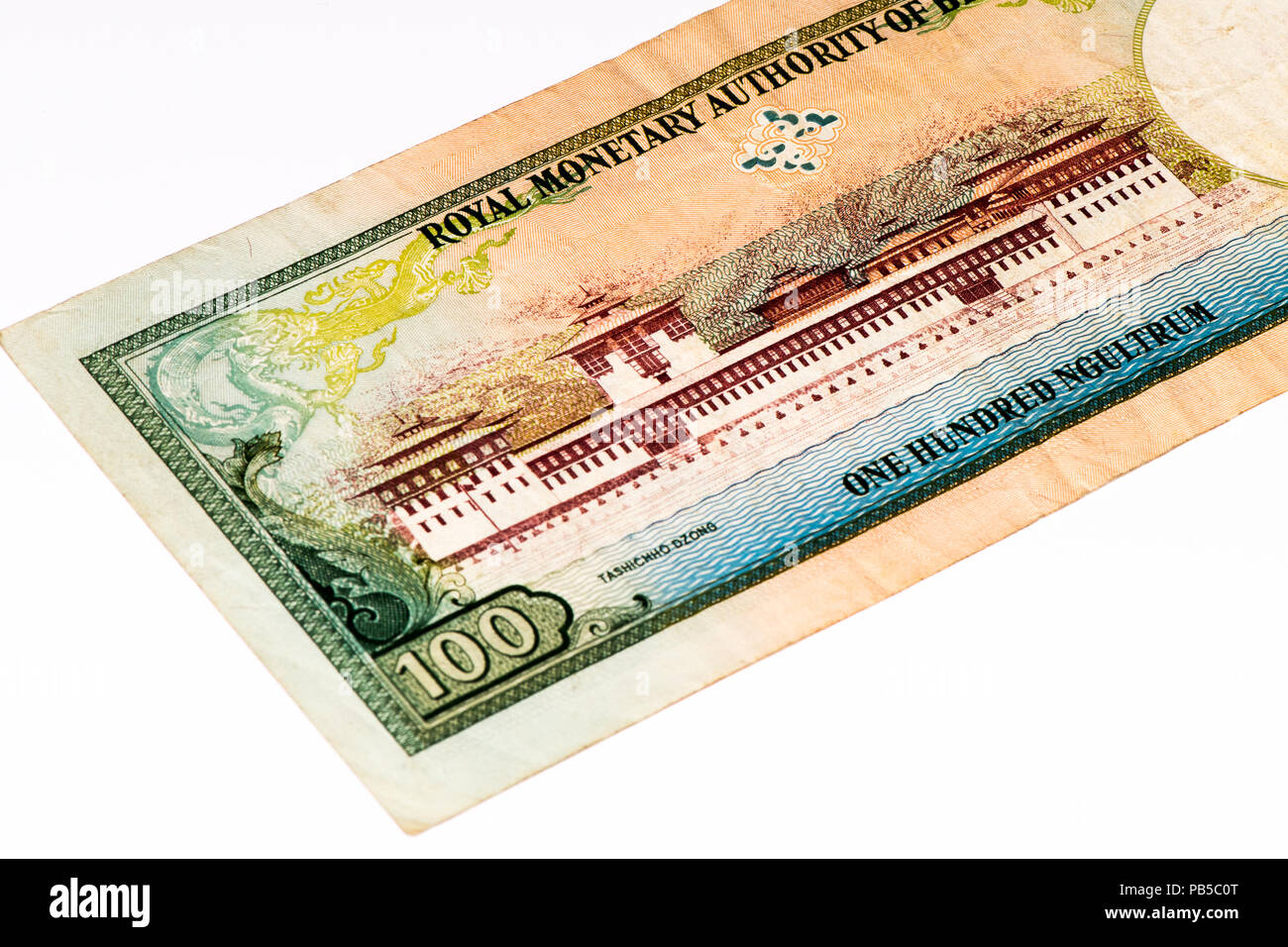 100 ngultrum bank note of Bhutan. Ngultrum is the national currency of ...