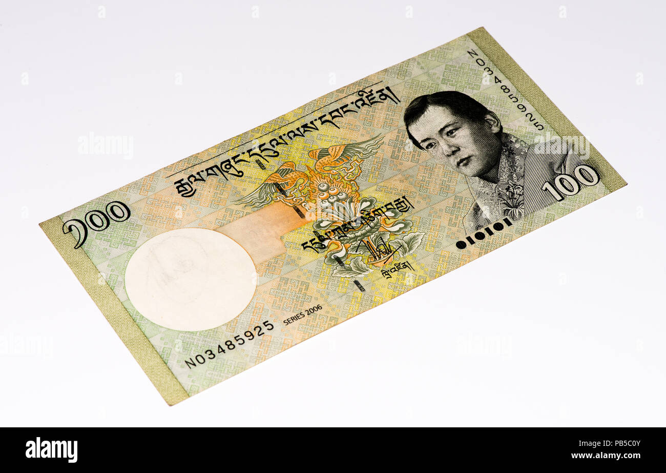 100 ngultrum bank note of Bhutan. Ngultrum is the national currency of ...