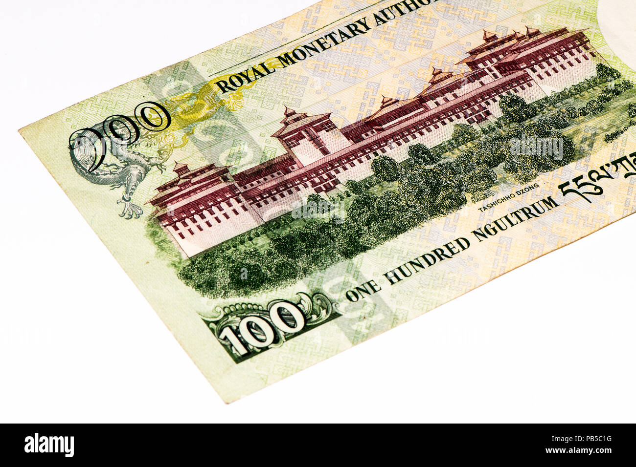 100 ngultrum bank note of Bhutan. Ngultrum is the national currency of ...
