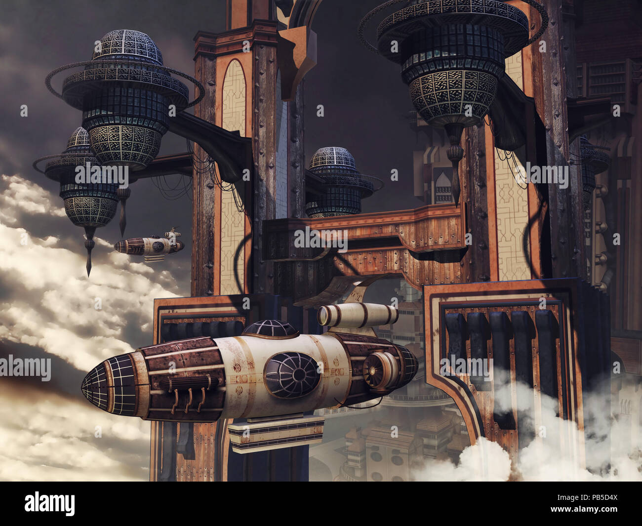 Futuristic building with a flying zeppelin in the clouds. 3D render ...